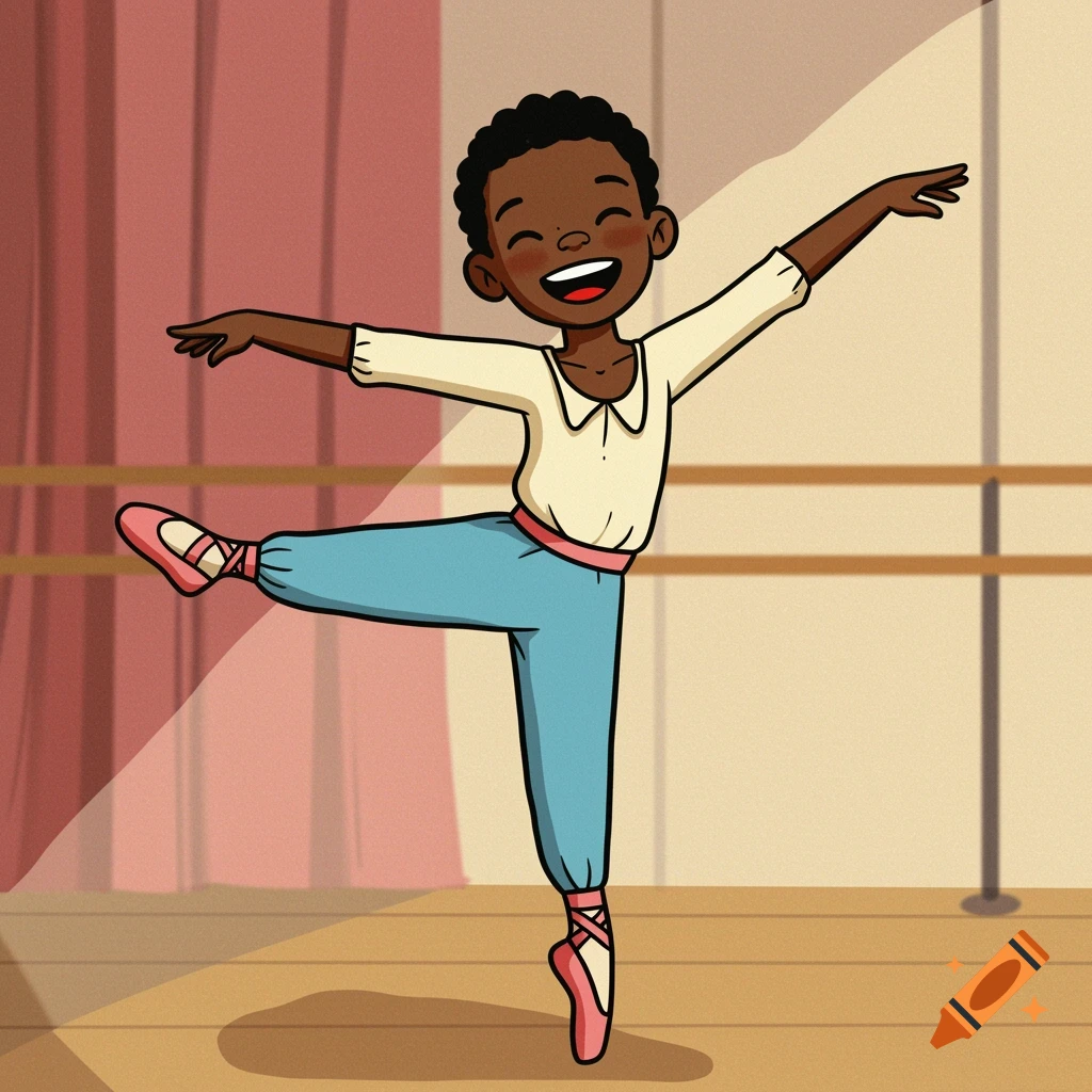 Clip art of a joyful young Black boy in a ballet pose in a dance studio ...