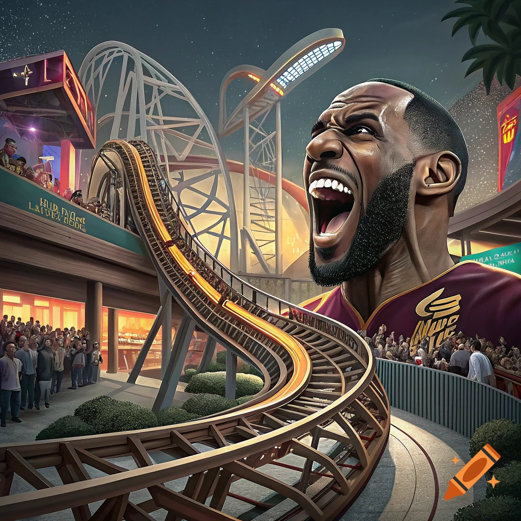 Large dramatic face resembling LeBron James next to a roller coaster in ...