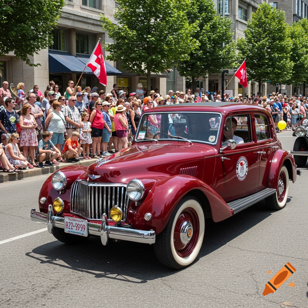 A vintage red car drives in a parade down a city street lined with ...