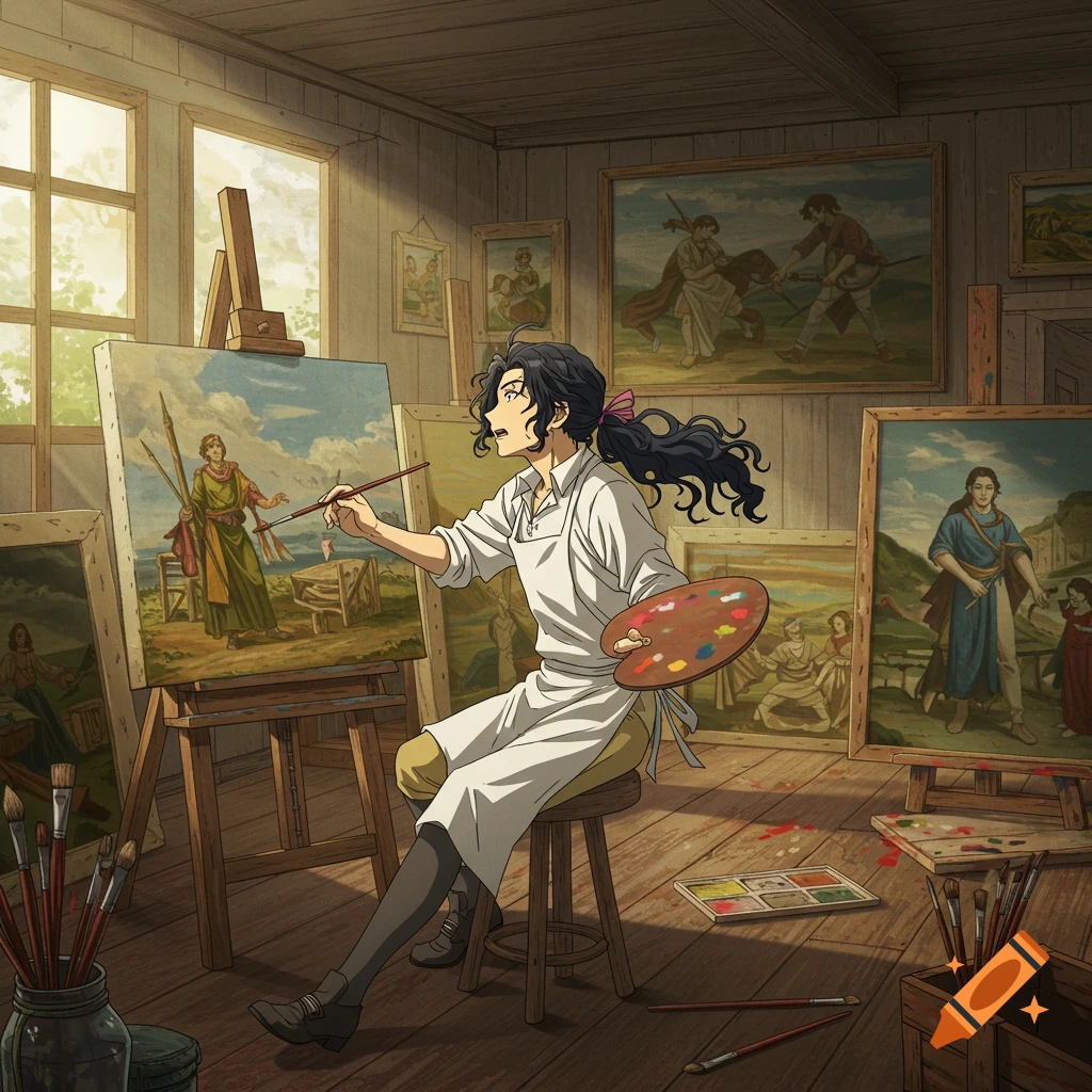 Anime-style young man painting in an art studio filled with canvases ...