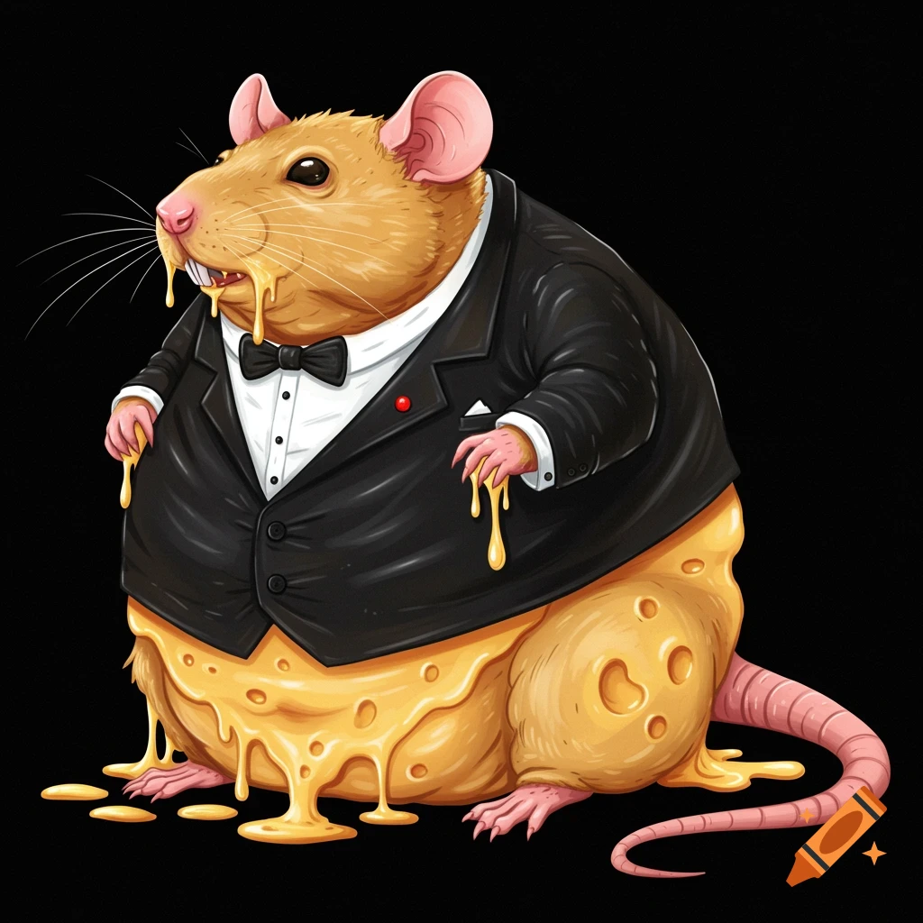 A fat rat in a black tuxedo drips melted cheese. Digital illustration. on Craiyon