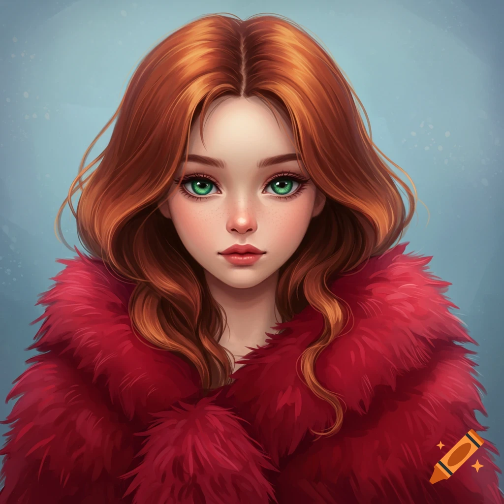 Girl with green eyes and auburn hair in red fur cloak on Craiyon