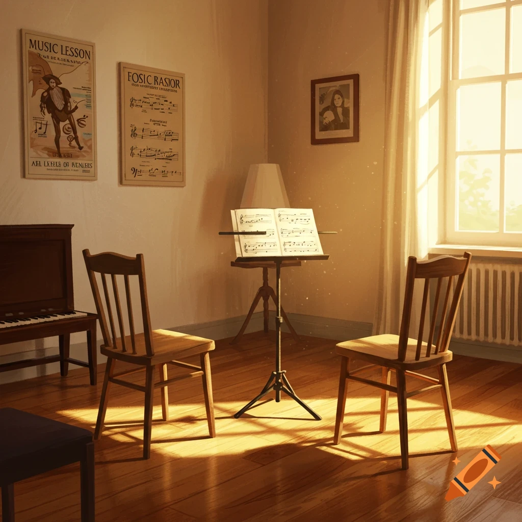 Cozy room setup for a music lesson with two chairs and a music stand on ...