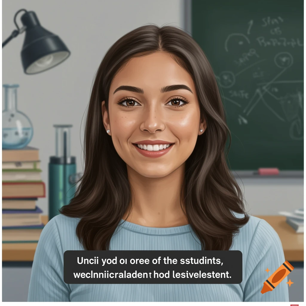 Digital portrait of a young woman smiling in a classroom with a ...