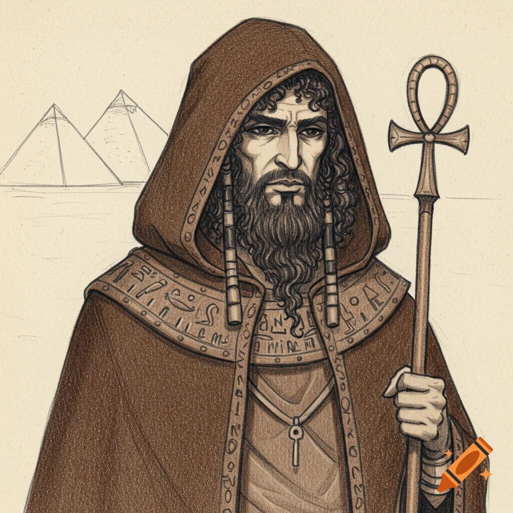 Pencil sketch of Egyptian wizard in cloak on Craiyon