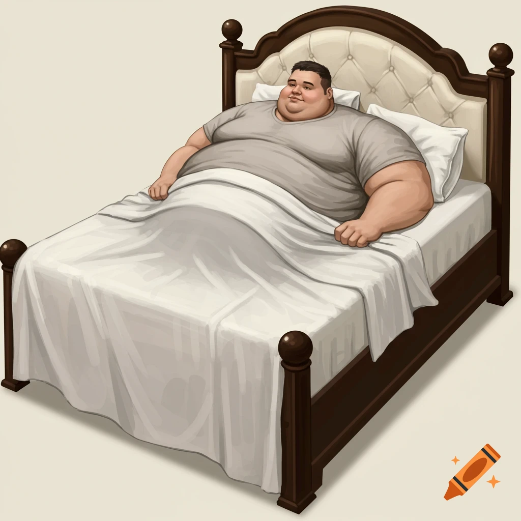 Realistic depiction of a 2000 lb man in a large bed on Craiyon