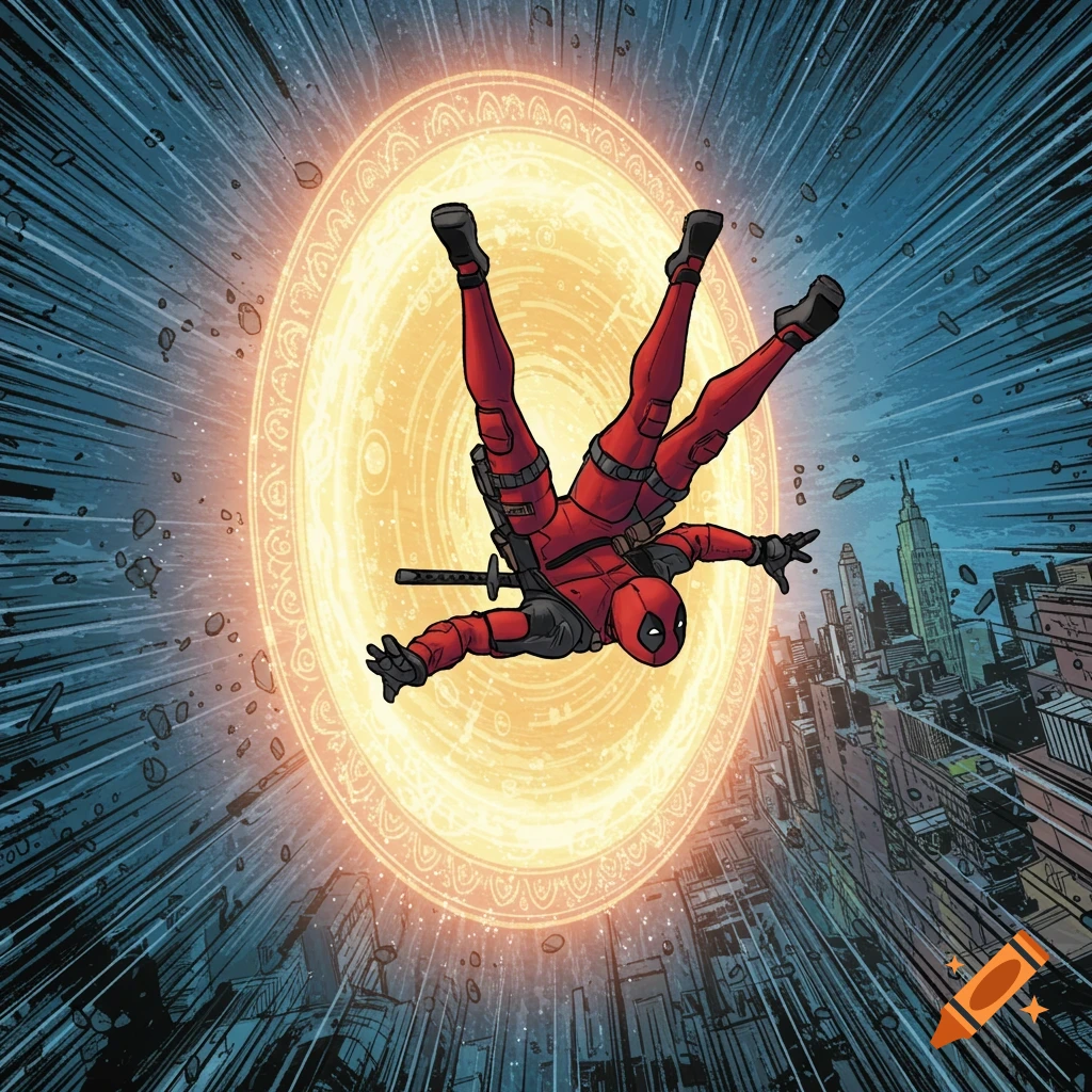 Deadpool falling out of portal in New York City, comic art style on Craiyon