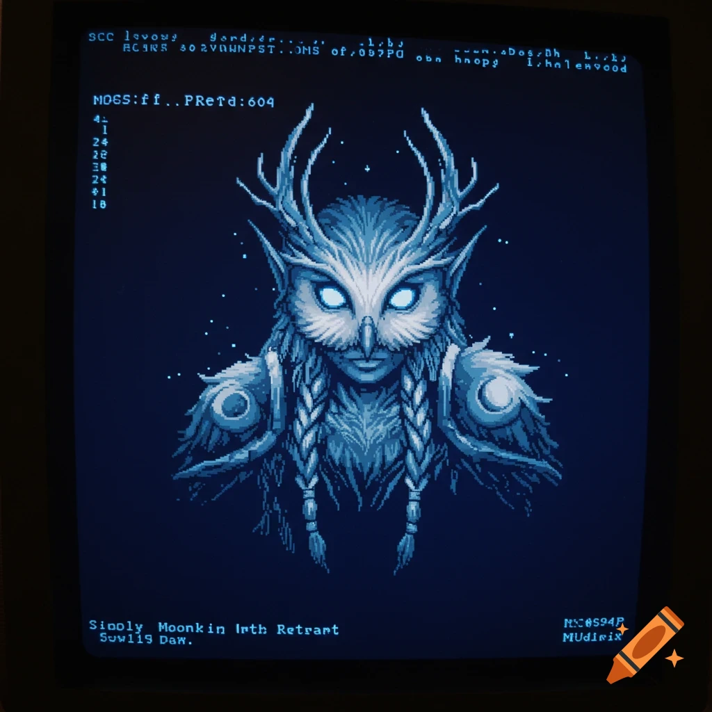 Moonkin druid from World of Warcraft in ASCII art on MS-DOS terminal on ...