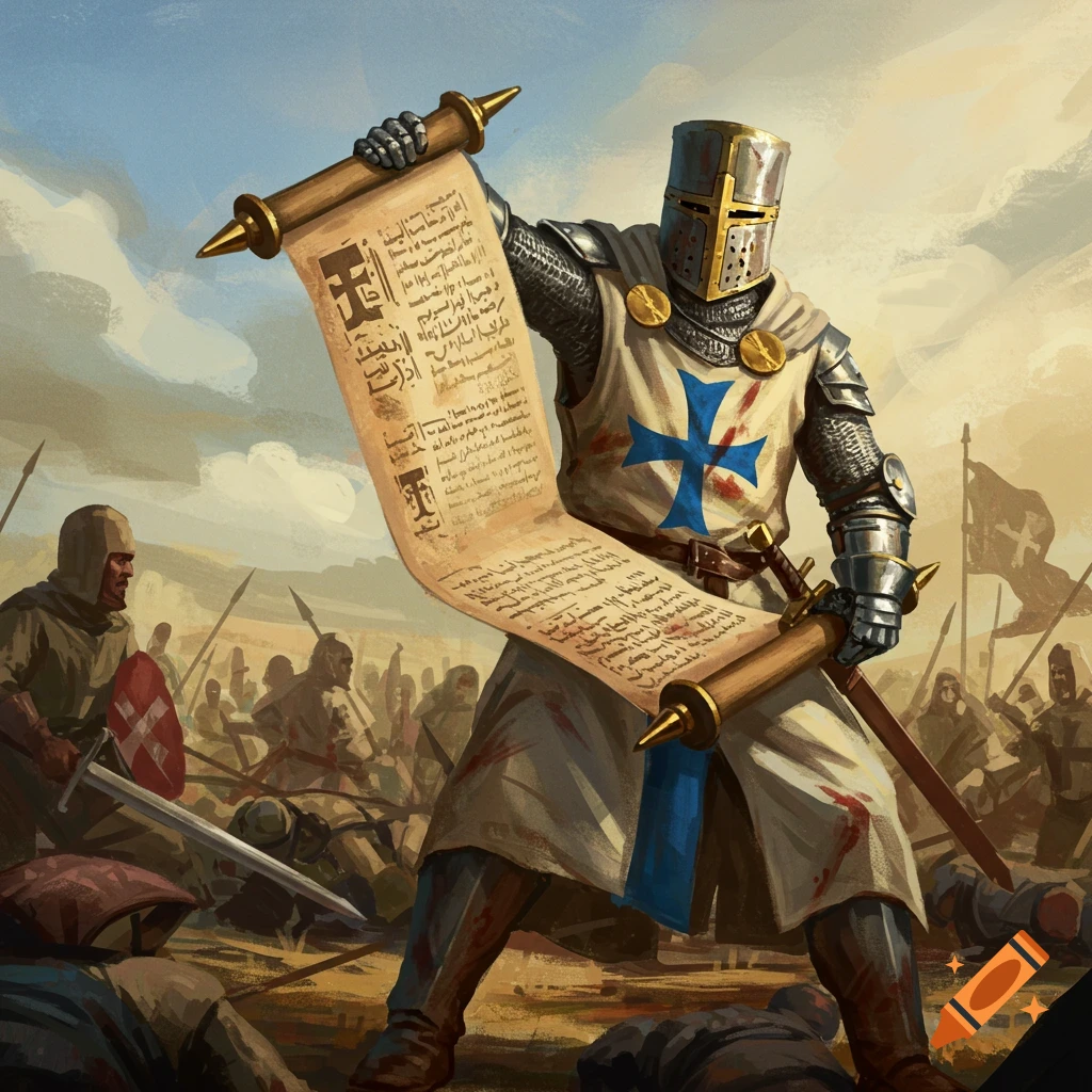 Crusader knight holding scroll sword with blue cross tunic on Craiyon