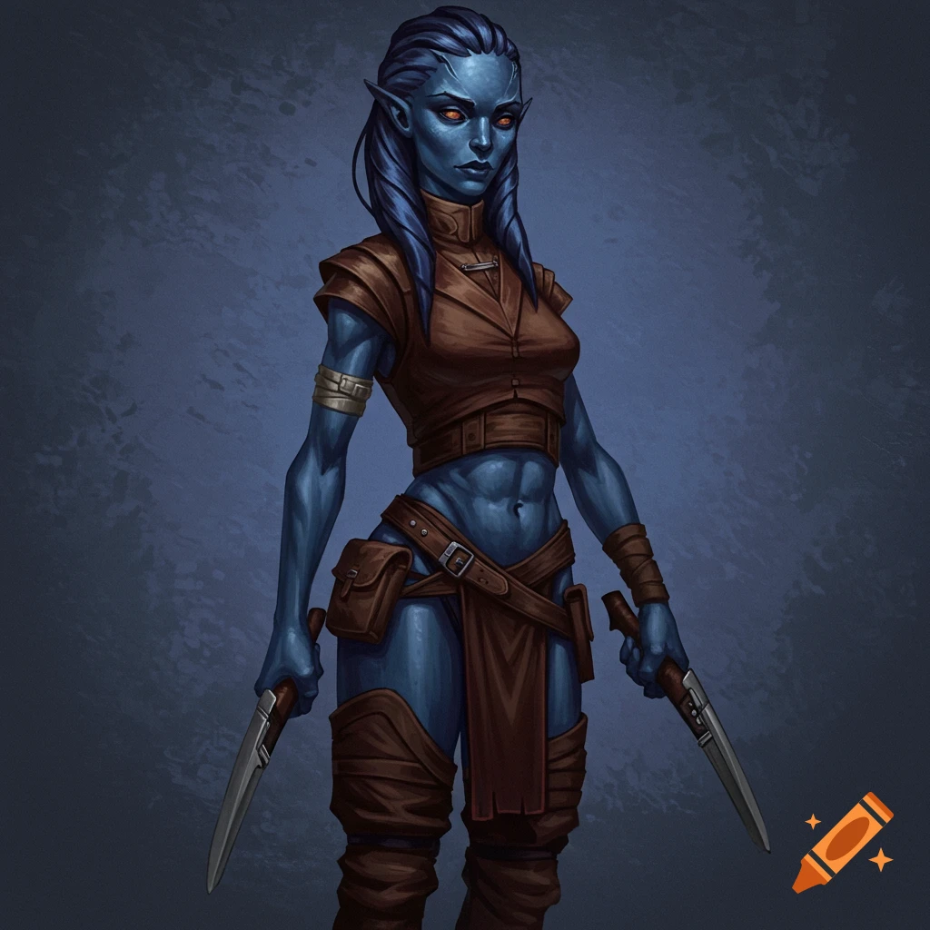 Dark elf character with blue skin, white eyes, and dark & white hair, wearing leather armor and ...