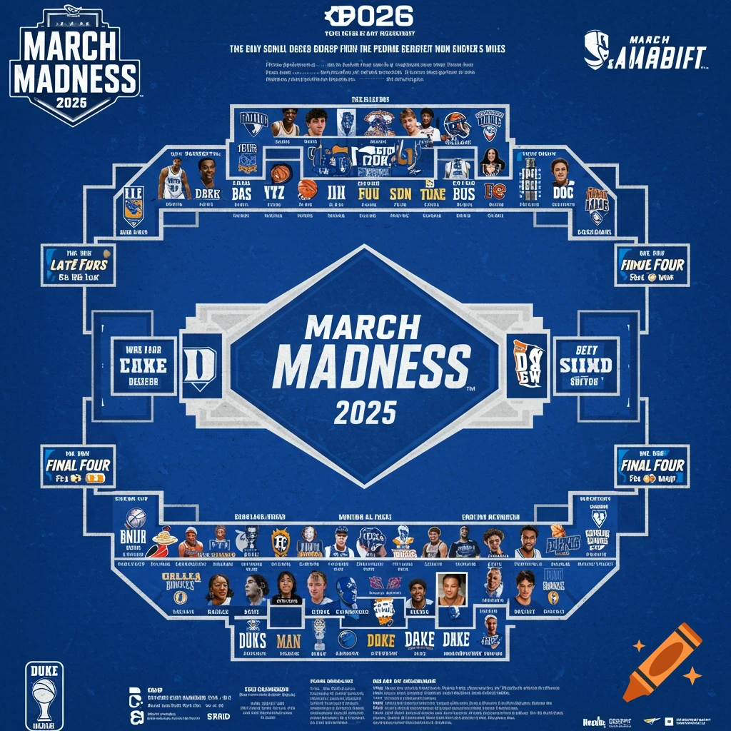 March Madness bracket podium with basketball trophies on Craiyon