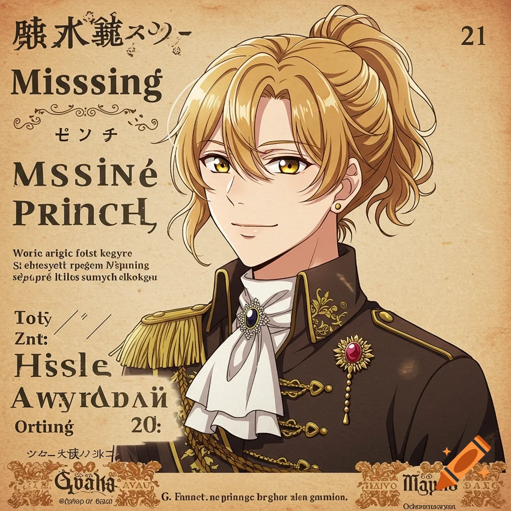 Anime poster of a missing prince with blonde hair and amber eyes on Craiyon