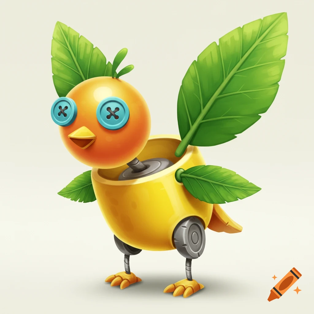 A cute, cartoon-style robot bird with a round orange head, blue button ...