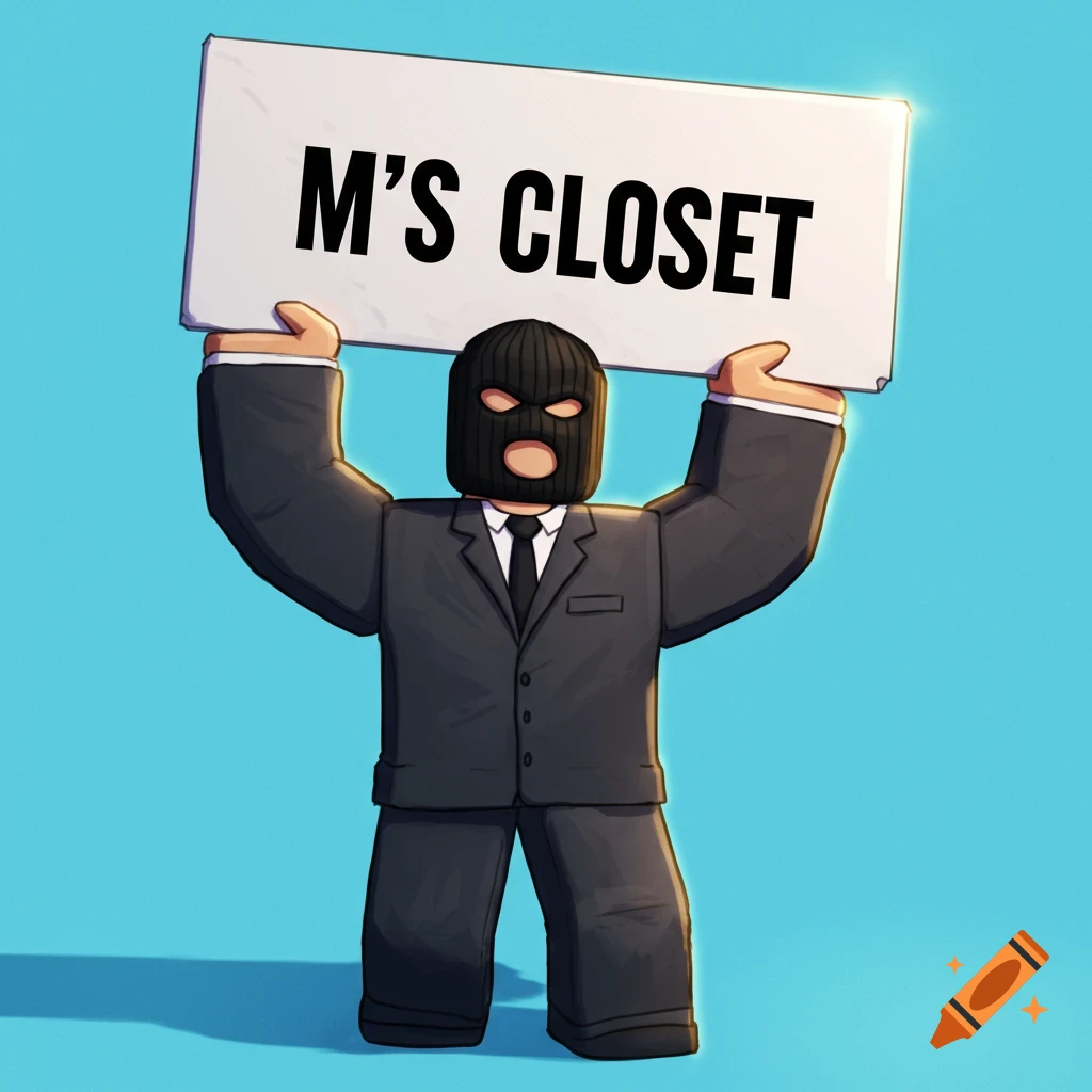 Roblox character in suit and ski mask holding M's Closet text above ...