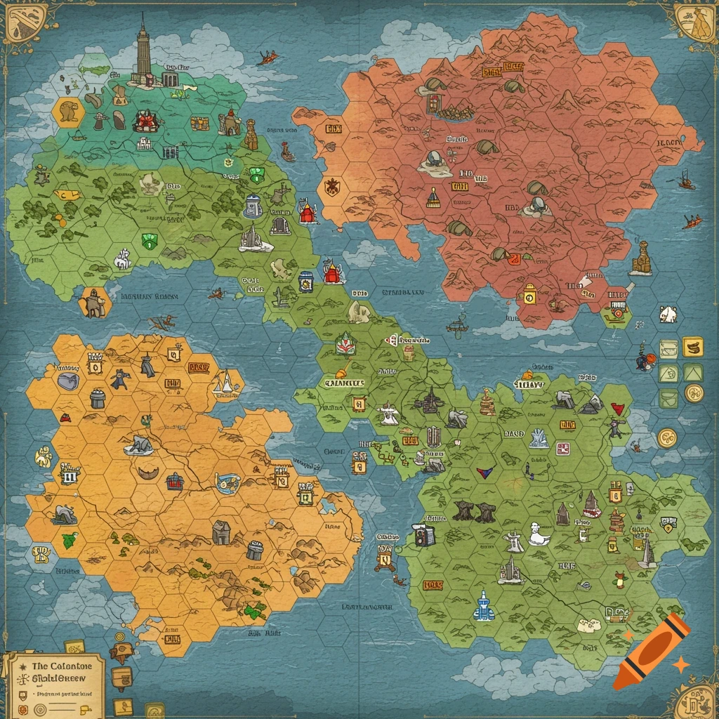 Hex-grid board game map in Risk and Diplomacy style on Craiyon