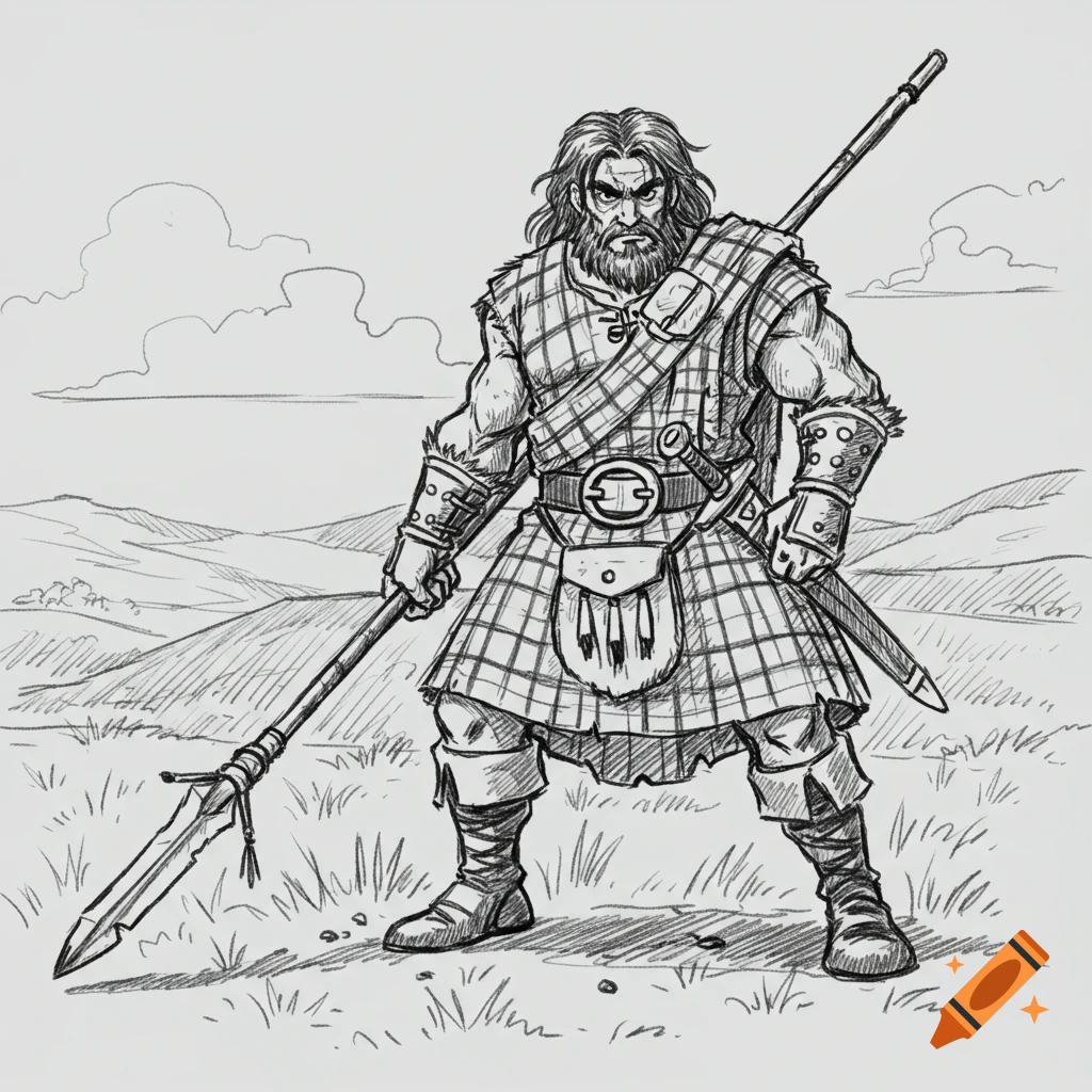 Black and white sketch of a Scottish highlander holding a spear in a ...