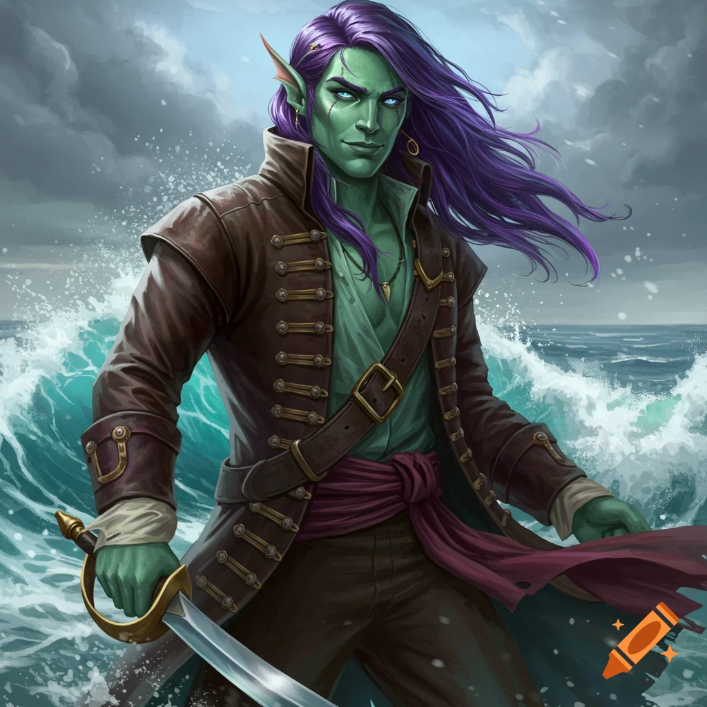 A green-skinned sea elf pirate with purple hair and a sword standing by ...