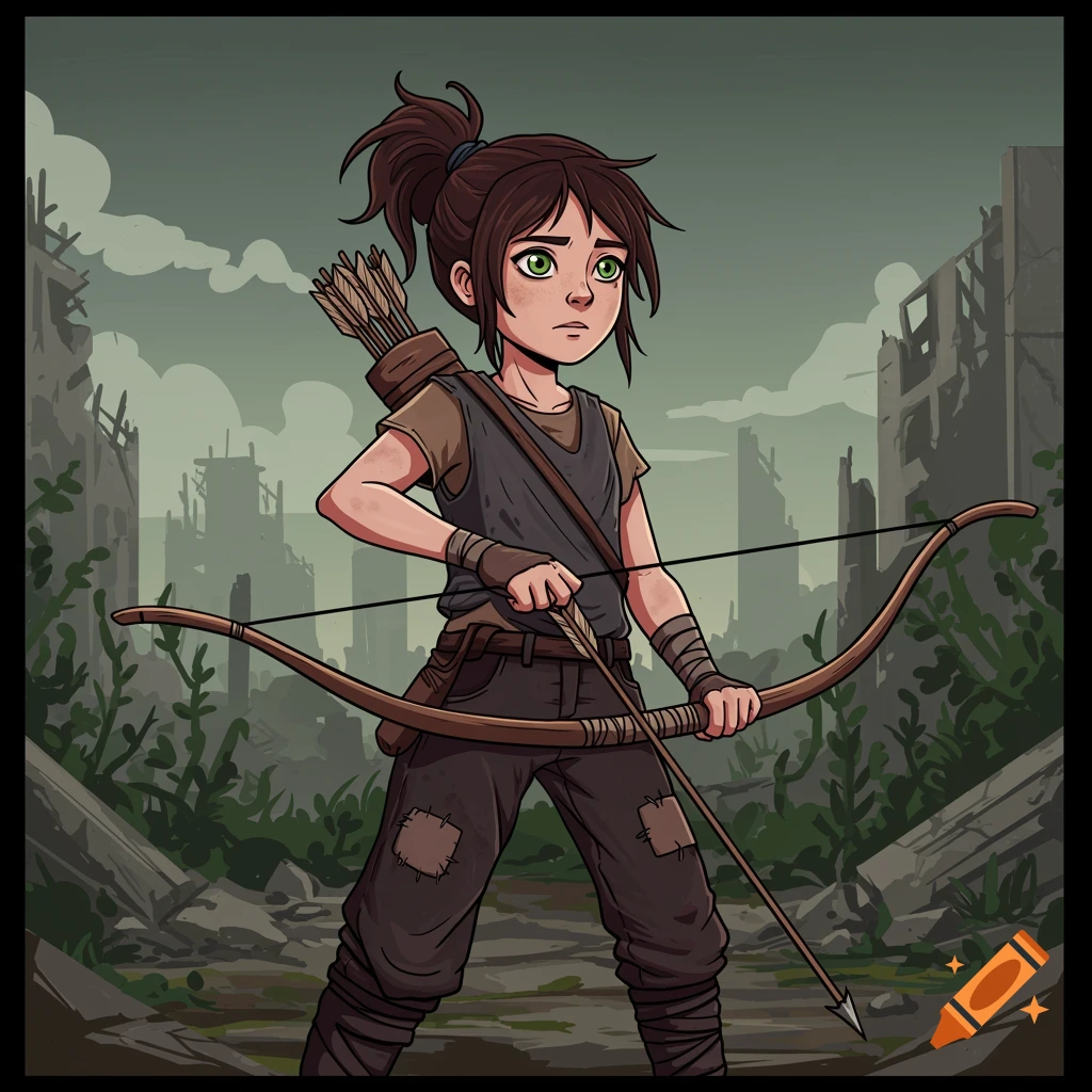 Young girl with bow and arrow in a post-apocalyptic setting on Craiyon