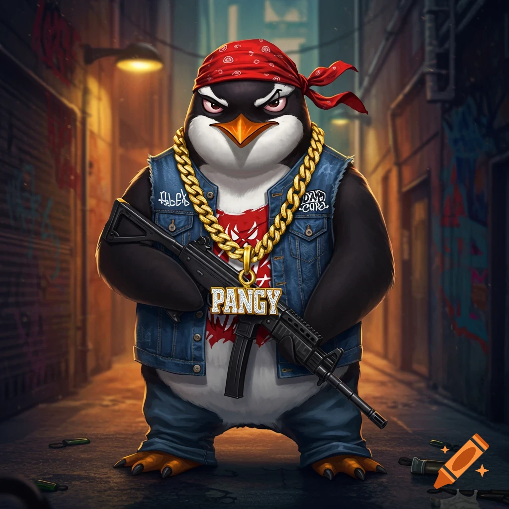 Penguin gangster with diamond chain and MP9 on Craiyon