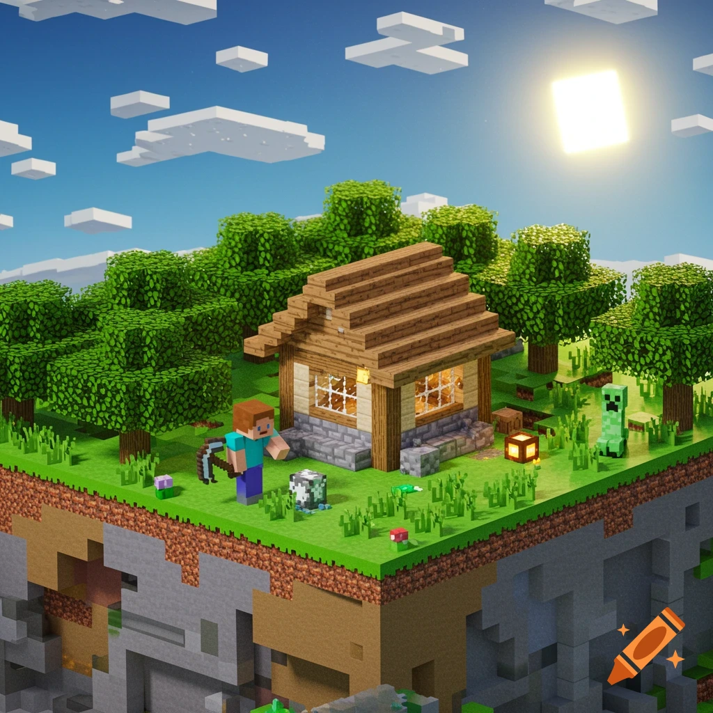 A retro Macintosh computer displays a Minecraft scene with blocky ...