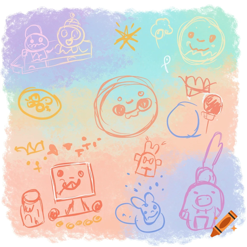 Collection of colorful, whimsical doodles and drawings in a childlike ...