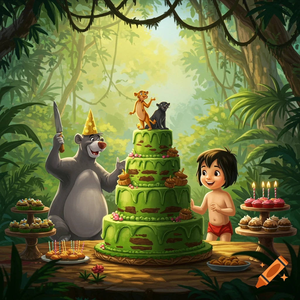 Baloo, Mowgli, Simba, and Bagheera are celebrating with a large green ...
