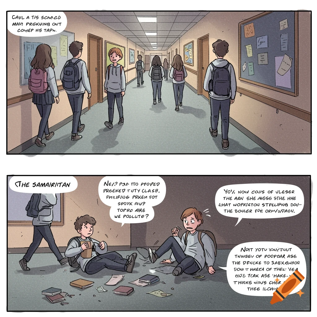 Hallway scene depicting students, with one student ignoring another who ...