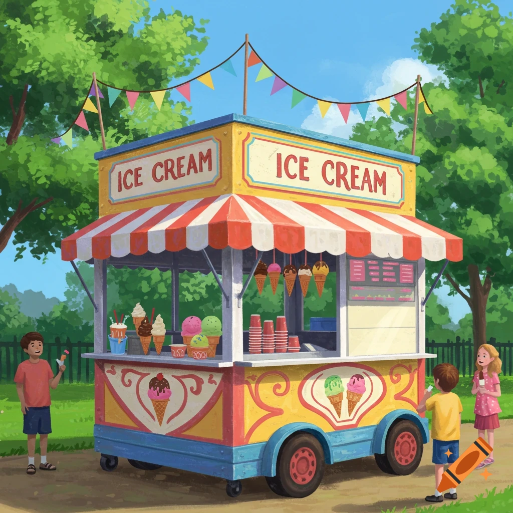 An ice cream stand in a park with children getting ice cream. on Craiyon