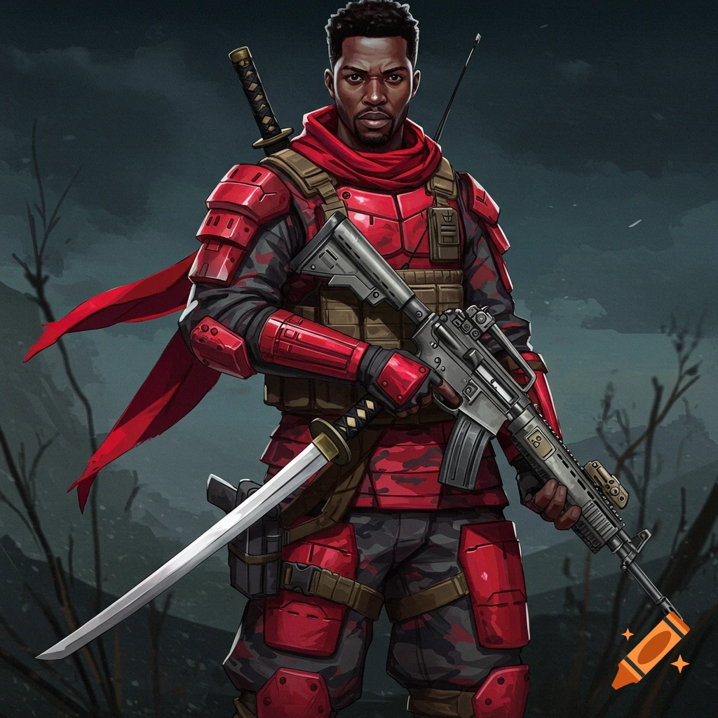 African American soldier ninja samurai hybrid with red, black, and gray ...
