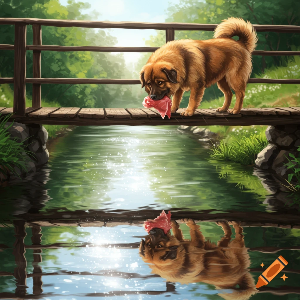 Cartoon of a brown dog on a bridge with meat in its mouth on Craiyon