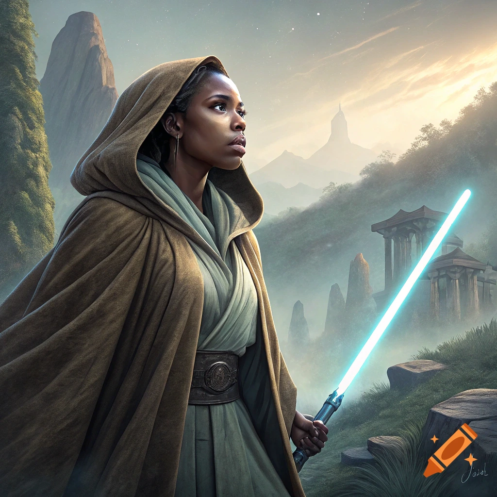 Tupac Shakur dressed as a Jedi holding a purple lightsaber on Craiyon