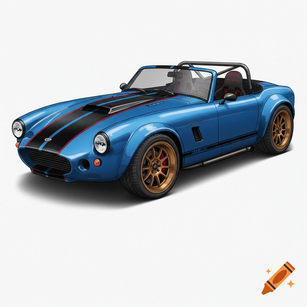 Factory Five MK4 with blue paint, black and red racing stripes, and ...