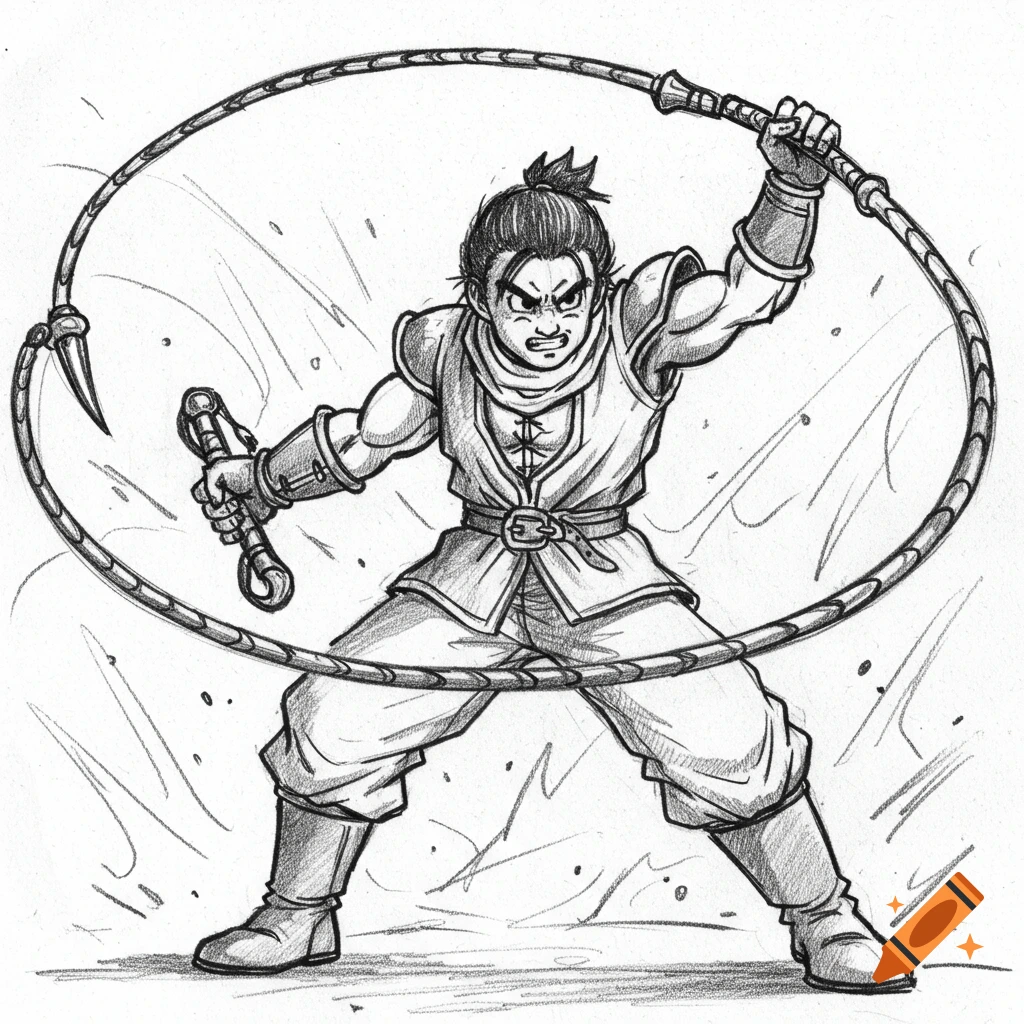 Black and white pencil sketch of a man holding a whip in a fighting ...