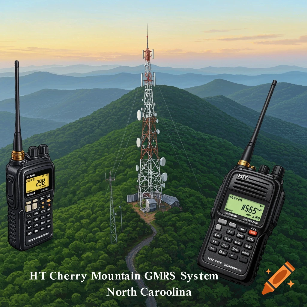 Cherry Mountain, North Carolina, with HT radio and GMRS on Craiyon