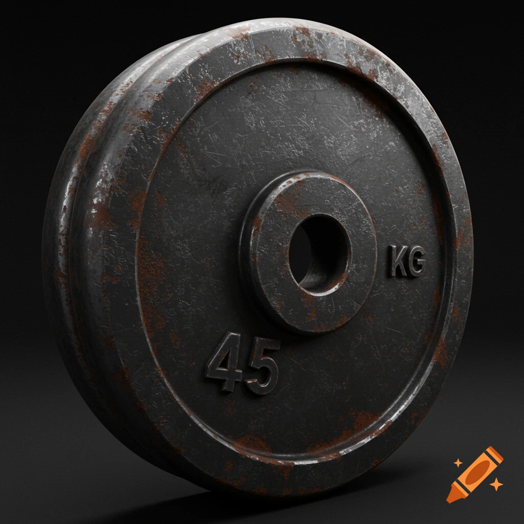 Rusty metal weight plate with '45 KG' text on a dark background. on Craiyon