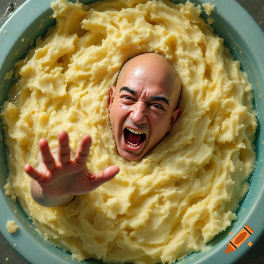 Bald man screaming and reaching out from a bowl of mashed potatoes ...