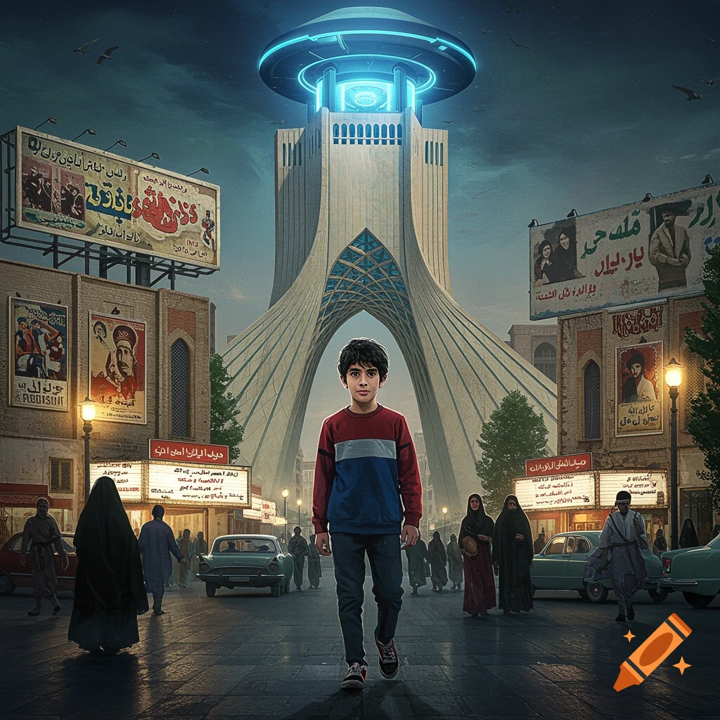 Boy in modern clothes in front of Azadi Tower, Tehran, 1979 Islamic Revolution with sci-fi time ...
