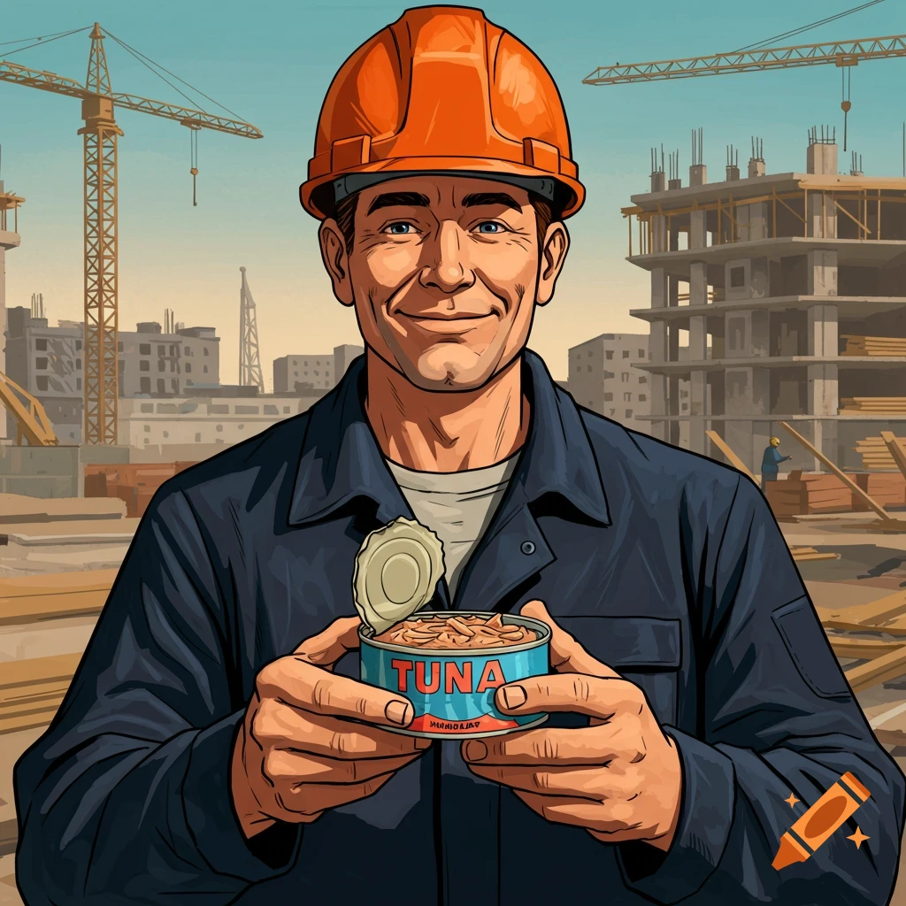 Construction worker holding a tuna on Craiyon