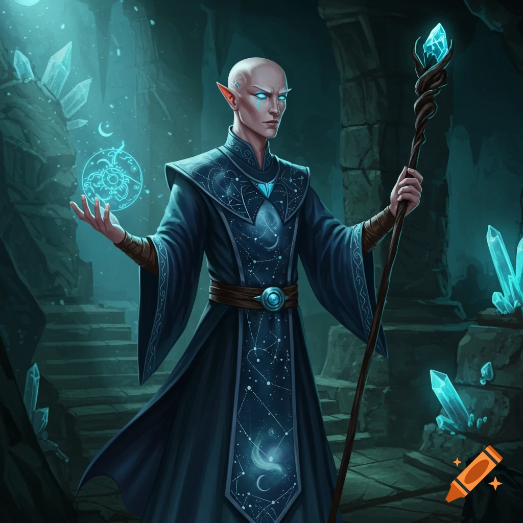 Astral elf with shaved head in Spelljammer Dungeons and Dragons setting ...