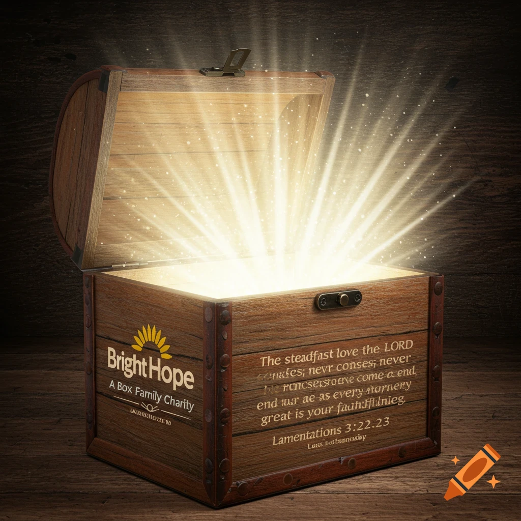 Rustic wooden chest with light rays and "Bright Hope" logo. on Craiyon