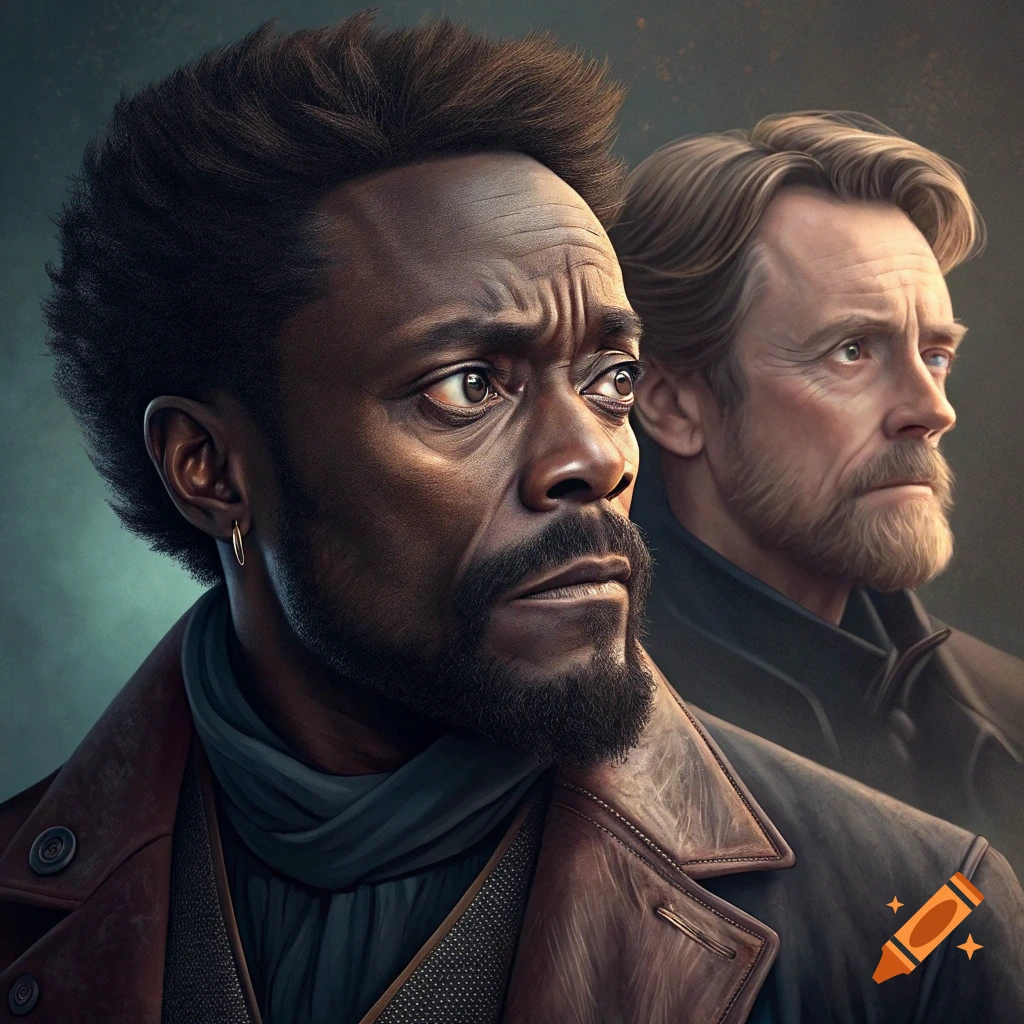Painterly portrait of two men, one dark-skinned with intense gaze, one ...