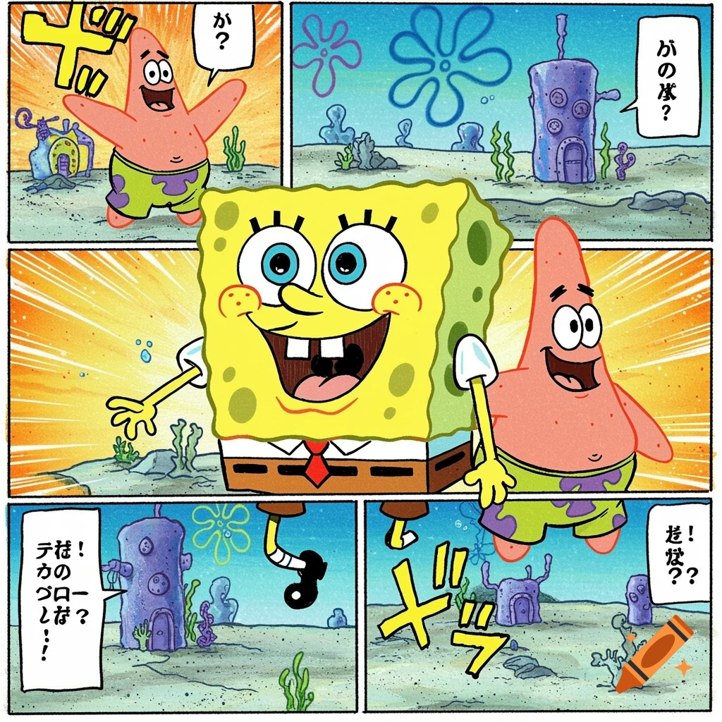 Manga panels featuring Spongebob and Patrick with Japanese text in ...