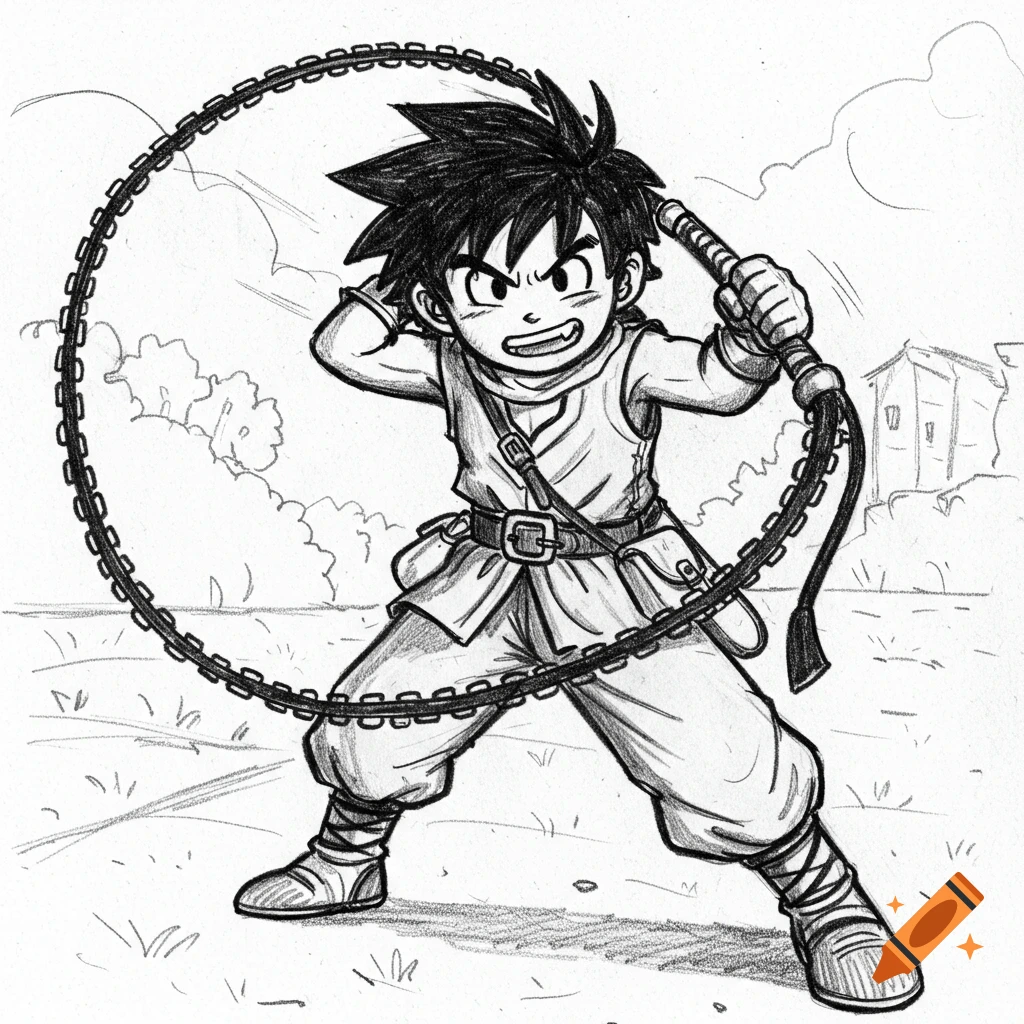 Black and white sketch of a young man wielding a segmented whip in a ...