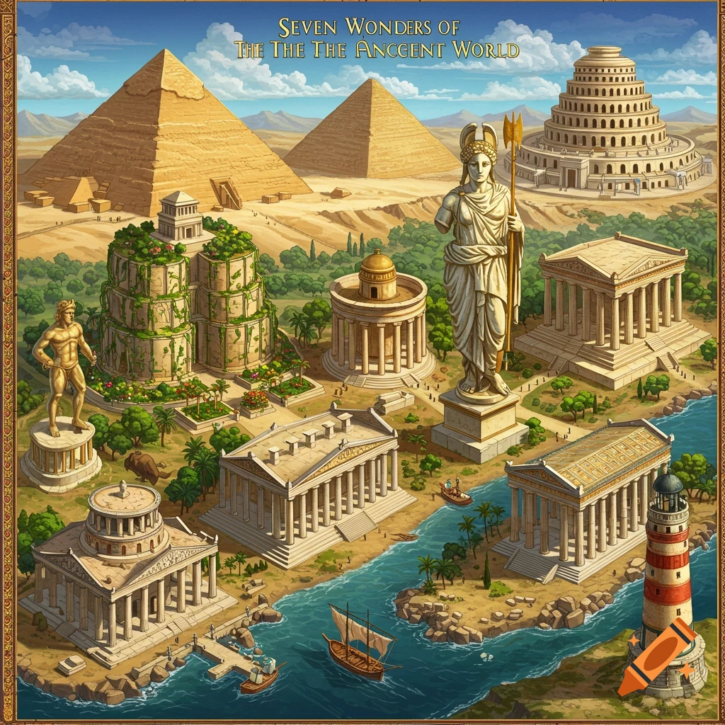 Illustration showing various Seven Wonders of the Ancient World ...