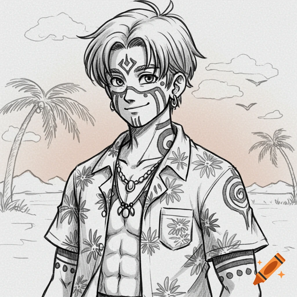 Black and white sketch of an anime man with tribal tattoos in a ...