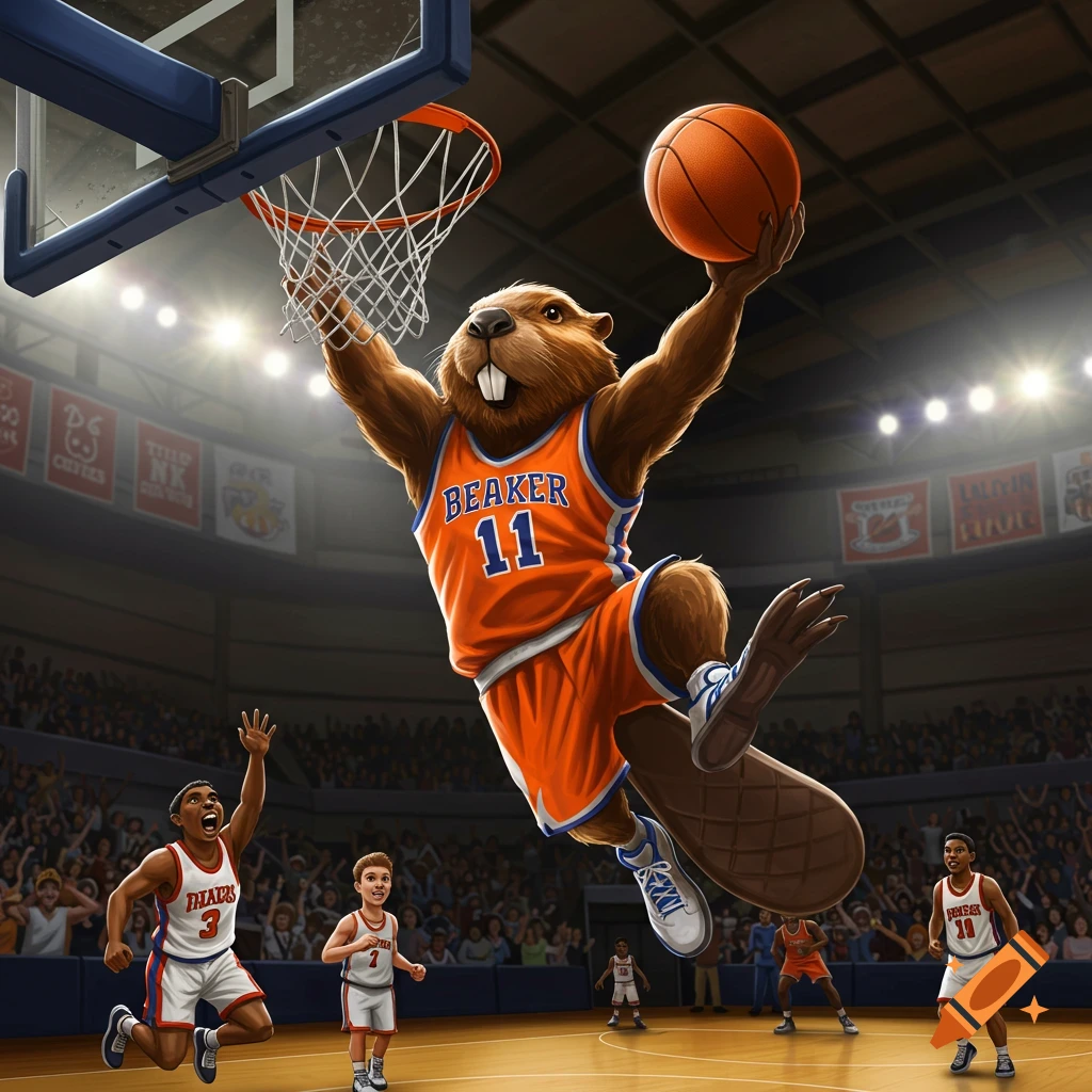 Freddy Fazbear dunking a basketball on Craiyon