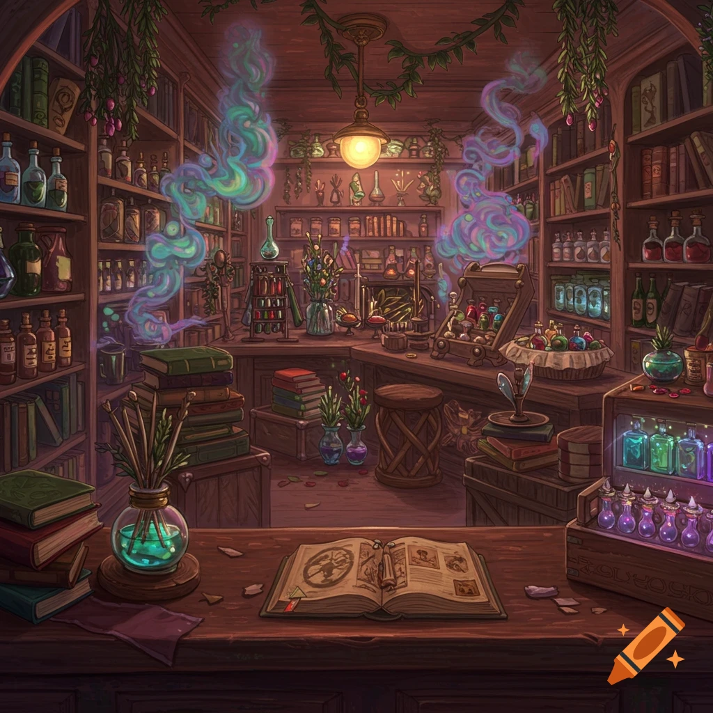 First-person view inside a bright, detailed fairy smoke shop and ...