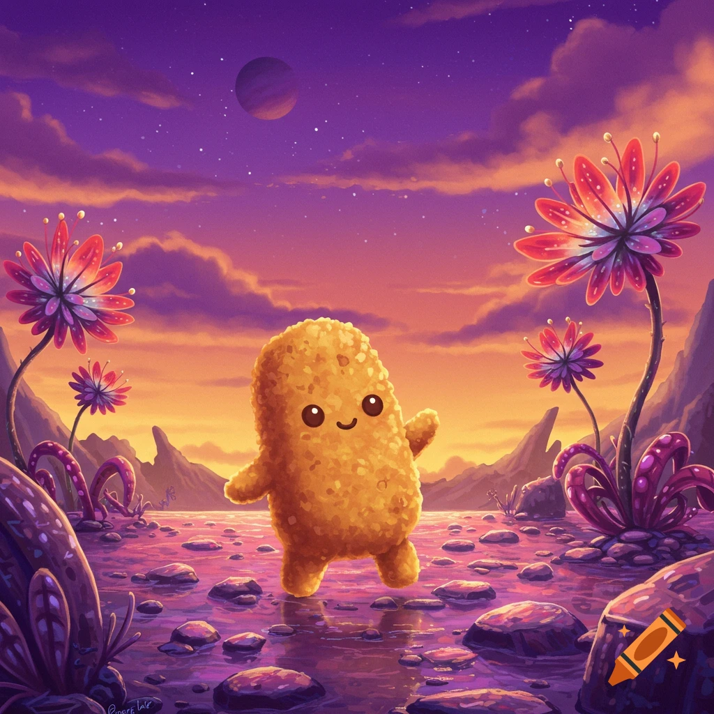 A cartoon chicken nugget with glowing laser eyes floats in a surreal space scene surrounded by ...