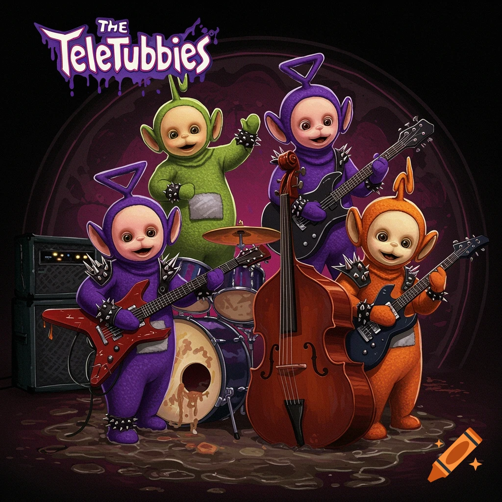 The Teletubbies playing instruments like a heavy metal band album cover ...