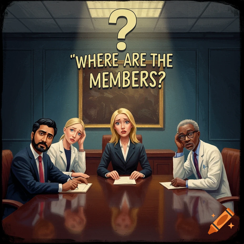Digital painting of four concerned professionals in a meeting room with ...